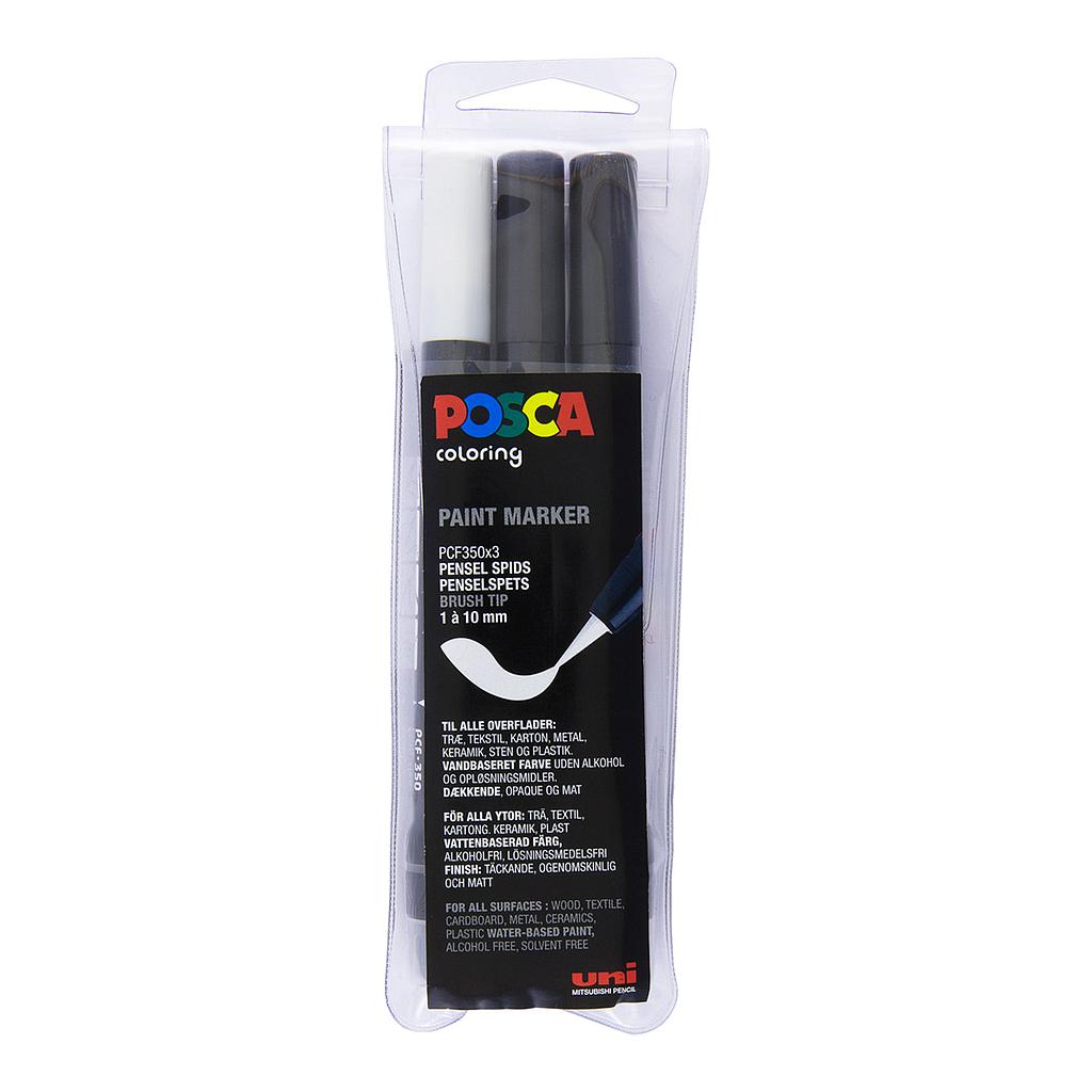 Uni Posca Markers PCF-350 Brush, 3 set Black and White – UNFADE